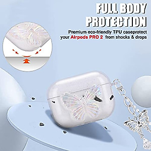 Glitter Case for AirPods Pro 2 (2022) with Crystal Bracelets Keychain Cute Sparkle Pretty Bling Butterflies Design Soft TPU Clear Cover Case Compatible for AirPod Pro 2nd Generation Girls Women