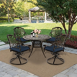 MEETWARM 5-Piece Outdoor Patio Dining Set, All-Weather Cast Aluminum Patio Conversation Set for Backyard Garden Deck with 4 Cushions Swivel Rocker Chairs and 35.4" Round Table, Navy Blue