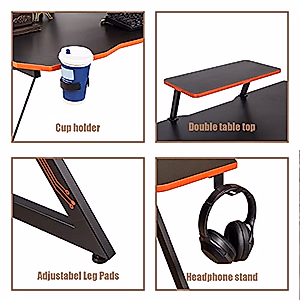 Excited Work Gaming Desk 55 inch PC Computer Desk, Home Office Desk Gaming Table Z Shaped Gamer Workstation with Cup Holder and Headphone Hook LLGD02C