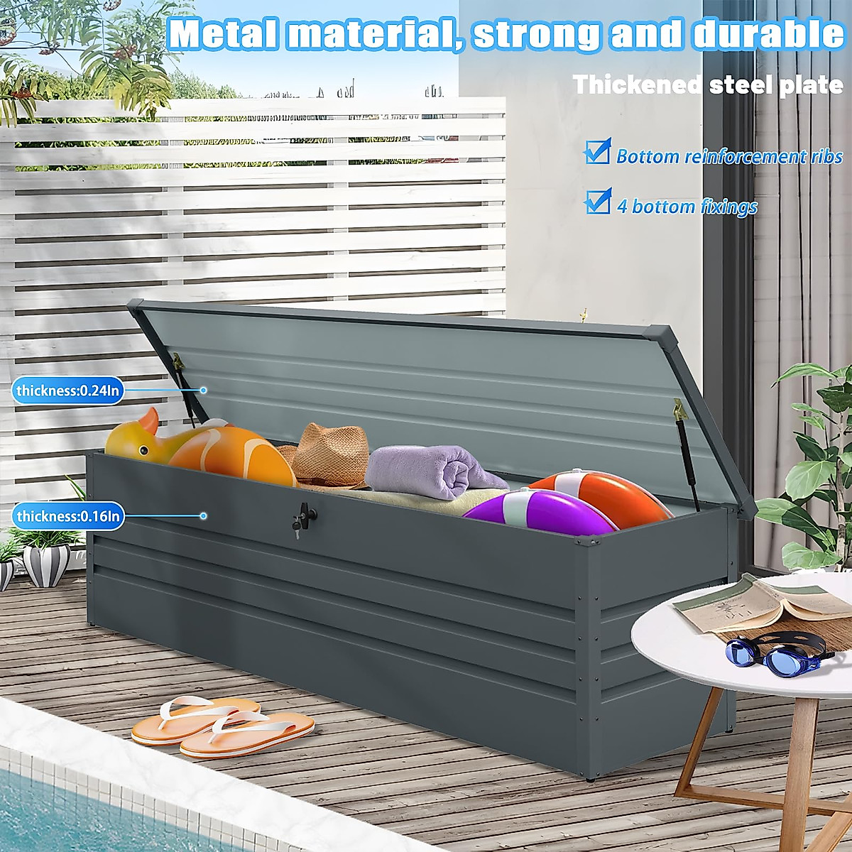 Jaxenor 260 Gallon Waterproof Outdoor Storage Box Extra Large, Outside Metal Deck Box for Patio Cushions, Garden Tools and Sports Pools Equipment (Dark Gray)