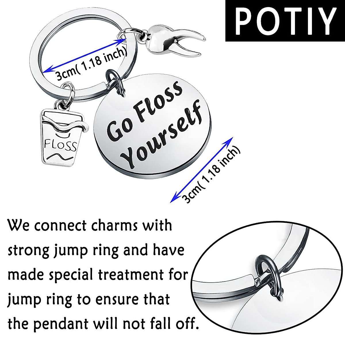 POTIY Funny Dentist Dental Hygienist Gift Dentist Jewerly Go Floss Yourself Keychain Dental Keychain Dentists Floss and Tooth Charm Keychain Gift (keychain)