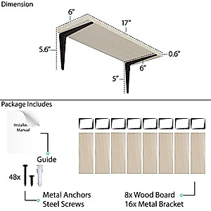 brightmaison BGT Myra 17"x6" Floating Shelves, Wall Bookshelf for Living Room, Kitchen Shelves, Wall Shelves for Bedroom, Floating Shelf for Dining Room & Office Natural Finish Set of 8
