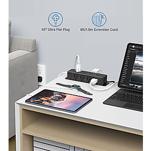 30W USB C Power Strip Surge Protector,Ultra Thin Flat Plug Power Strip 4 Side 12 Outlets,1 PD Fast Charing,2 USB-C, 2 USB-A(4 USB Total 40W),6ft Slim Extension Cord,16 in 1 Desk Power Bar,1200J Black