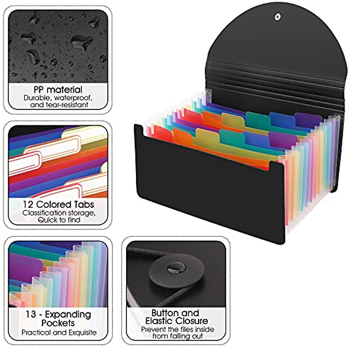 CASAON A6 Black Plastic File Folder with 13 Pockets for Storage and Organization