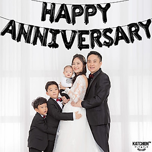 KatchOn, Happy Anniversary Balloons Black - 16 Inch | Black Happy Anniversary Banner for Happy Anniversary Decorations | Black Happy Anniversary Backdrop | Black Happy Anniversary Balloon Banner