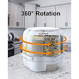 WOWFUNNY Grain Dispenser, 7.2 Qt Rotating Rice Dispenser Storage Container, 6-Compartment Dry Food Dispenser with Measuring Cup, Food Storage Containers for Kitchen Small Grains, Beans, Rice (7.2Qt)