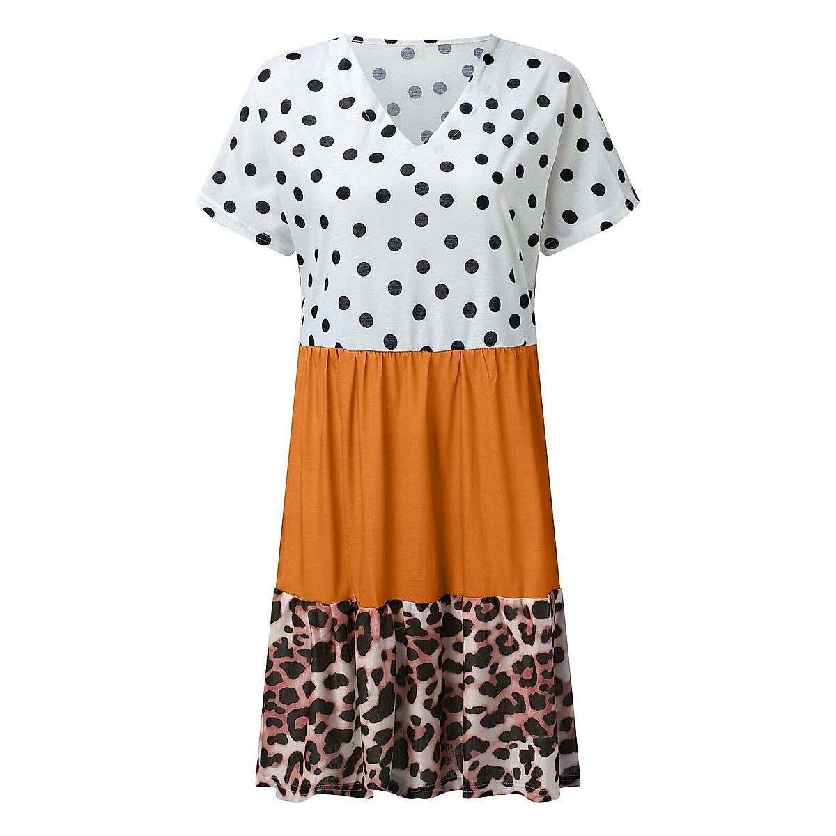 Cnebo Summer Polka Dot Printed Panel Contrast Women's V Neck Short Sleeved Dress One Shoulder Dresses for Women