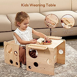 Woodtoe Montessori Weaning Table and Chair Set, Toddler Table and Chair Set, Natural Solid Wooden Kids Table Cube Chair for Boys and Girls, Montessori Furniture Birthday Gift for Children