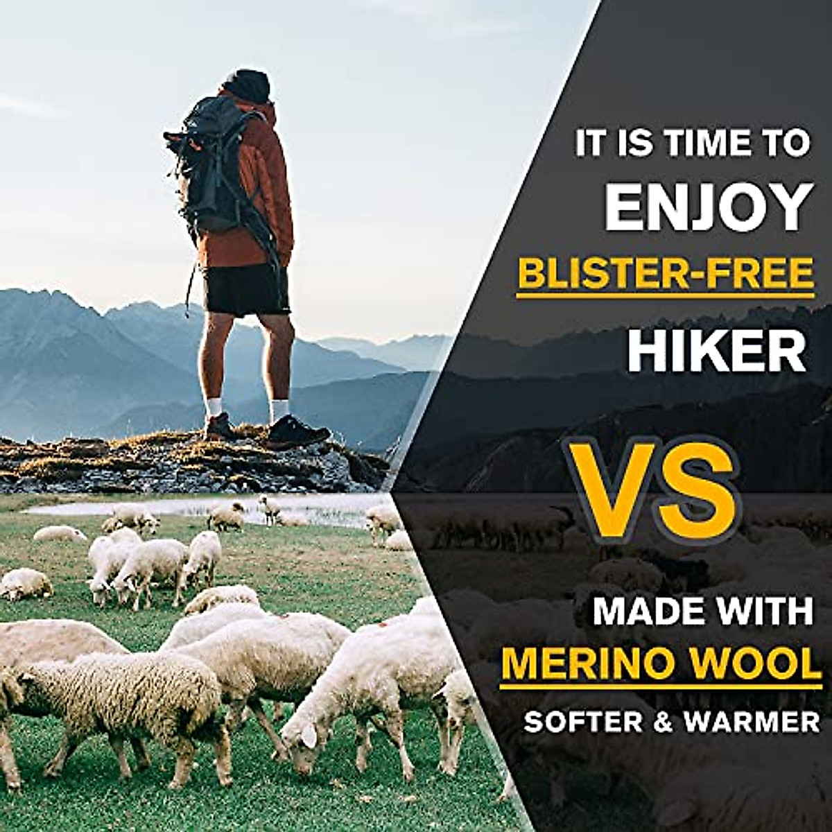 Socks Daze Black Merino Wool Hiking Socks Mens Size 10-13, Ladies Autumn Long Fuzzy Padded Anti-Blister Bike Trail Wool Socks Women Plus Size, Large, 4 Pairs Black