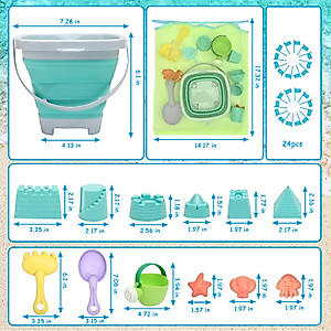 RACPNEL Beach Toys Sand Set for Kids, Collapsible Bucket and Shovels with Mesh Bag, Molds, Flags, Sandbox Kids Toddlers, Travel (Tavel Size)