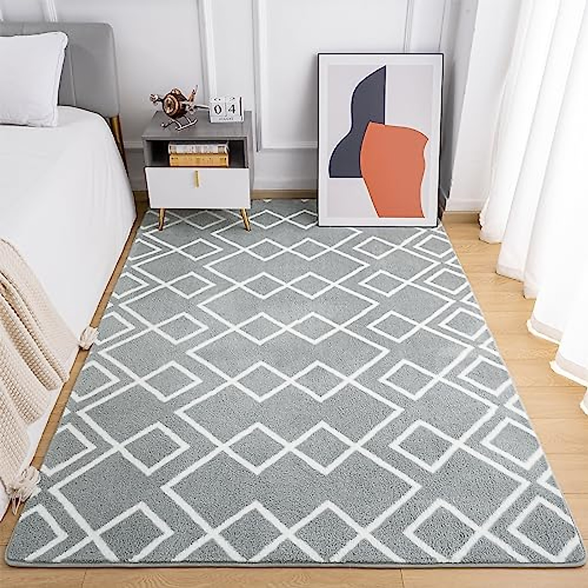 Toneed Geometric Rug for Living Room Bedroom, 5 x 7 Feet Gray Shag Moroccan Area Rug Soft Low Pile Rug Modern Indoor Carpet for Dorm Nursery Kids Room Home Decor