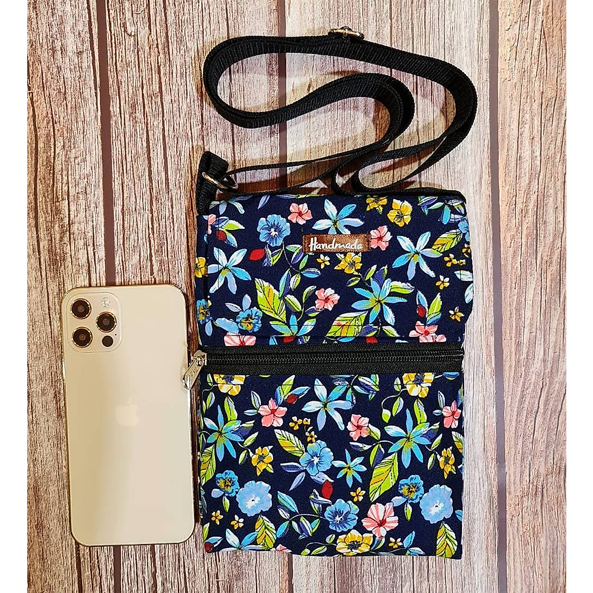 Crossbody Cellphone Purse Handmade Cross-body Bags,Cell phone Crossbody Purse For iPhone Samsung (FLOWER_L-DARK BLUE-FB) A-flower_l-dark Blue-fb