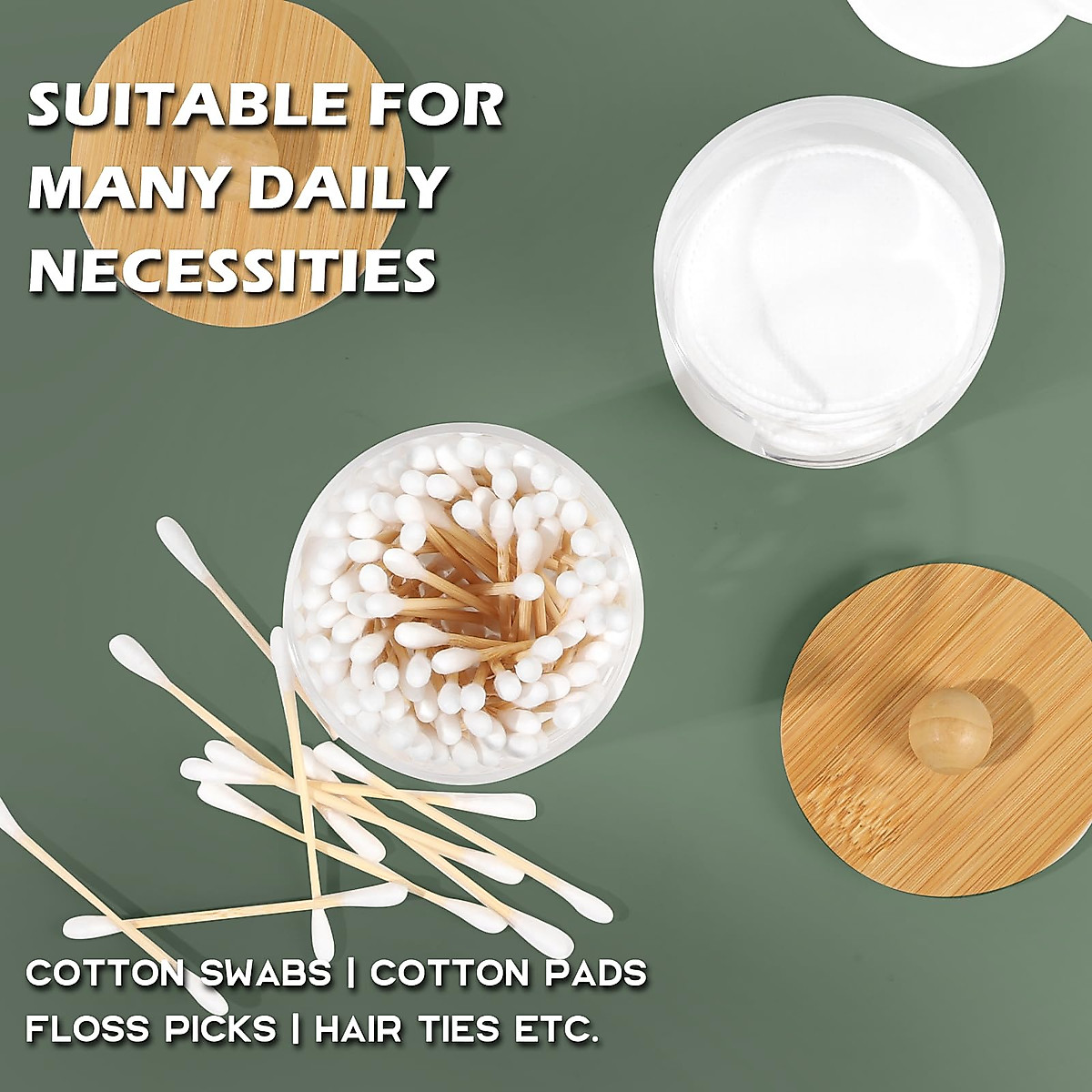 Qtip Holder Dispenser -10 oz Multipurpose Storage Boxes with Natural Bamboo Lids for Organizing Cotton Swabs, Pads, Dental Floss, 2 Count (2 Count)