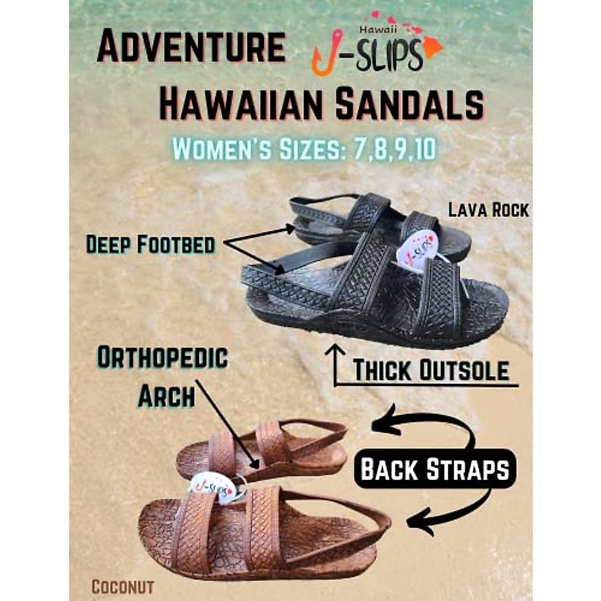 New Adventure Orthopedic J-Slips Hawaiian Jesus Sandals with arch, deep footbed, and backstraps Coconut W7