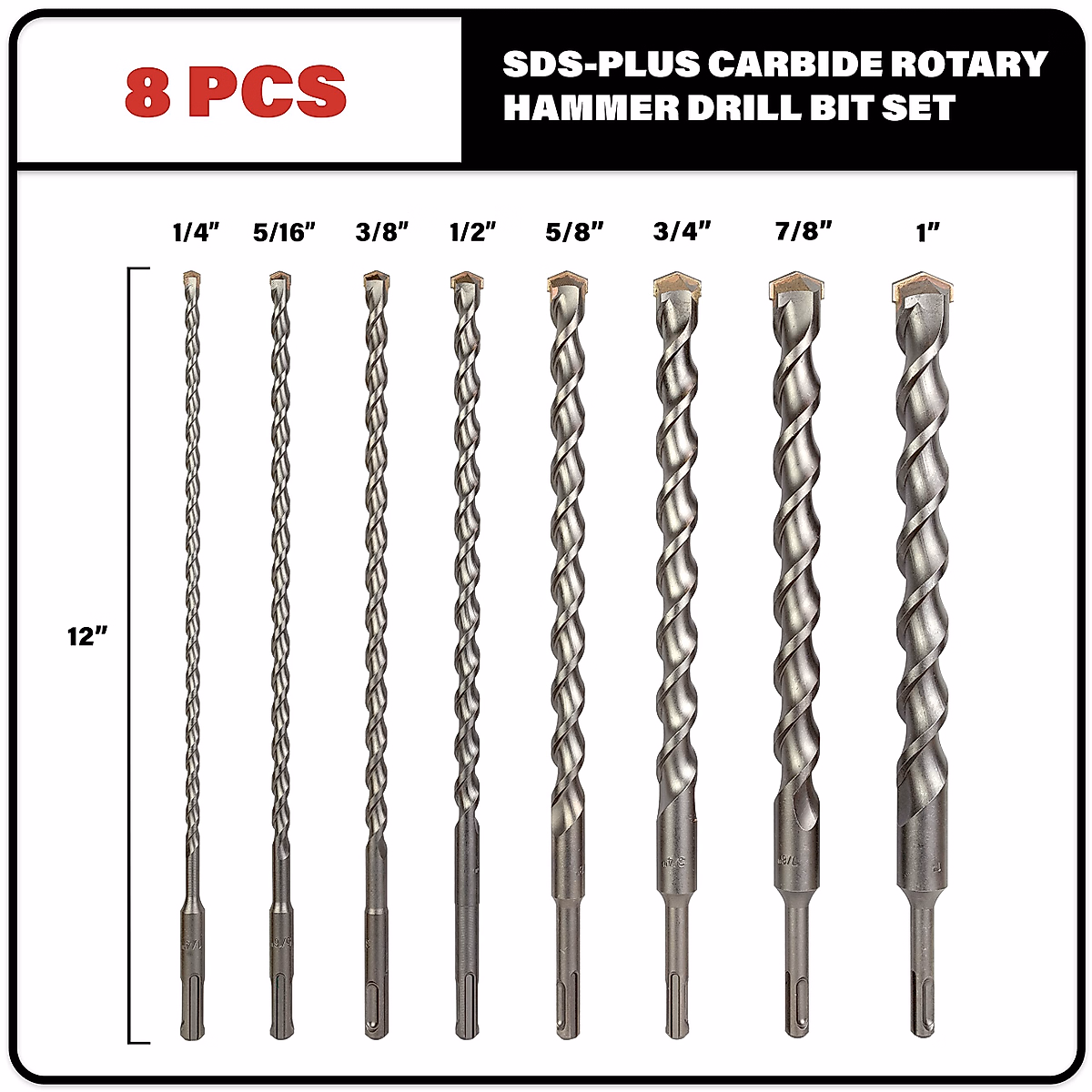 Sabre Tools 8-Piece 12in SDS Plus Drill Bits for Brick, Stone, Concrete, 1/4in x 12in, 5/16in x 12in, 3/8in x 12in, 1/2in x 12in, 5/8in x 12in, 3/4in x 12in, 7/8in x 12in, 1in x 12in (12" 8-Piece Set)