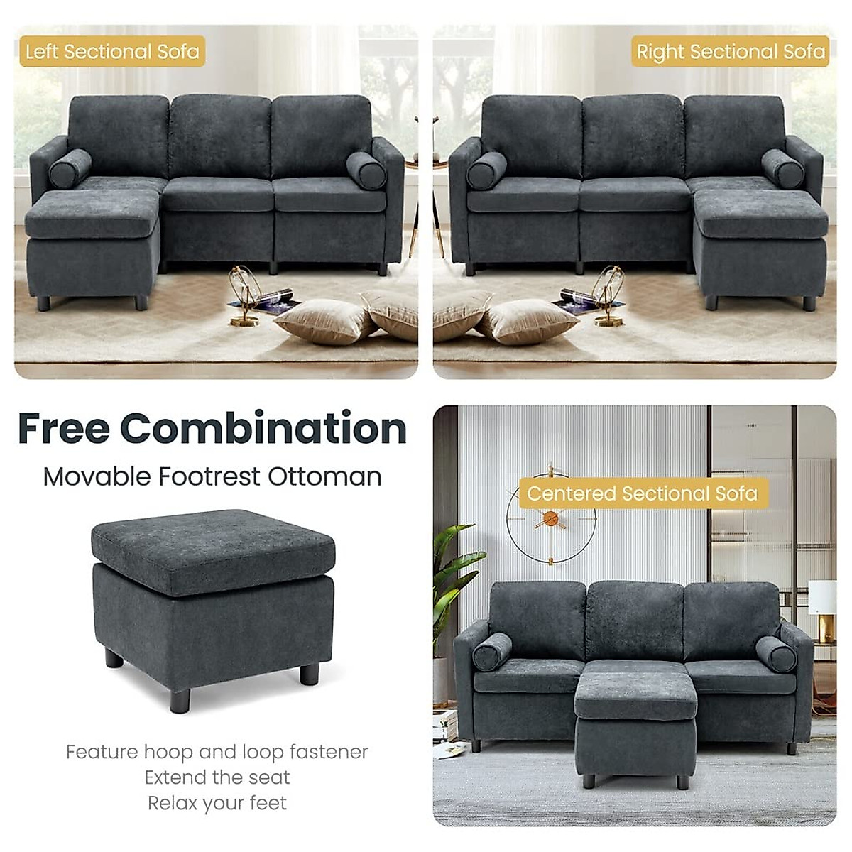 FANCUF Convertible Sectional Sofa 3 Seat L-Shape Couch Movable Ottoman Toweling Fabric