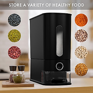 Retail Blade Rice Dispenser - 26.5 lbs Rice Storage Container with Measuring Cup, Rice Scoop & Sponge – Large Cereal Grain Bucket with Scale for Kitchen Pantry Organization, BPA-free, Airtight (Black)