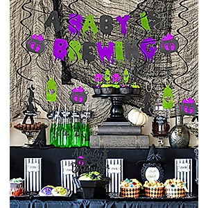 Aisosiks A Baby is Brewing Halloween Baby Shower Decorations with A Baby is Brewing Banner, Cake Topper, 24pcs Cupcake Toppers and Hanging Swirls for Halloween Baby Shower Party Decorations