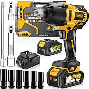 Alloyman 1/2 inch Impact Wrench Cordless, Max Torque 555 Ft-lbs Battery Impact Wrench 20V Brushless Motor 2000 RPM, with 6 Sockets, 3 Extension Bars, 4.0 AH Li-ion Battery and 1 Hour Fast Charge