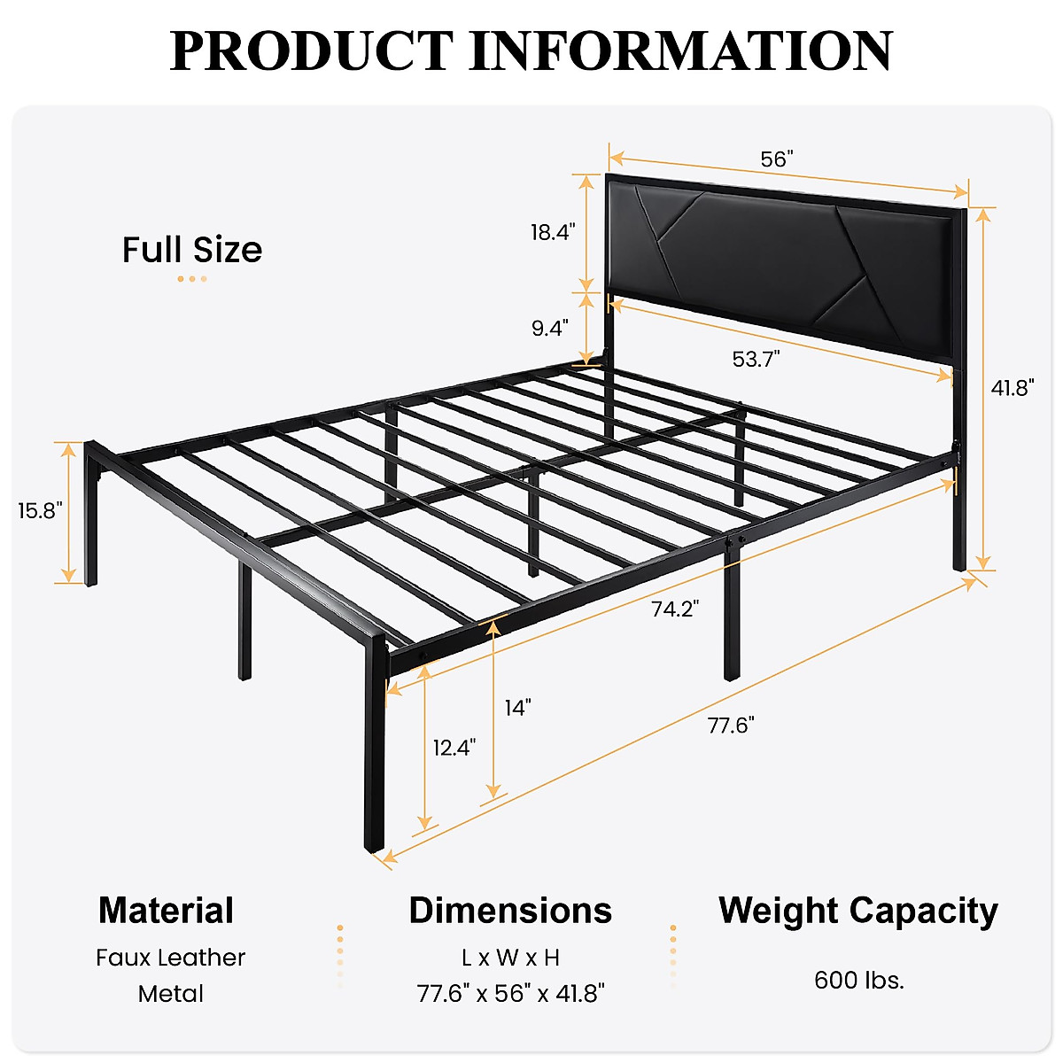 SHA CERLIN Modern Full Size Metal Bed Frame with Litchi Grain Leather Upholstered Headboard, No Box Spring Needed, 12.4" Underbed Storage, Black