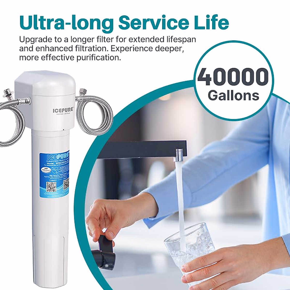 ICEPURE Under Sink Drinking Water Filter System, 5 Years or 40000 Gallons Ultra High Capacity NSF/ANSI 42 Certified, Direct Connect Under Counter, 0.5 Micron Removes 99.99% Chlorine, Heavy Metals
