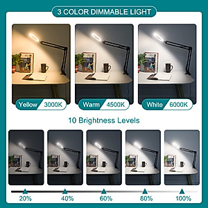 Magnifying Glass with Light and Stand,5X&10x Real Glass Desktop Magnifier with Light,3 Color Stepless Dimmable Adjustable Swing Arm Lighted Magnifying Desk Lamp for Close Work,Crafts,Sewing,Soldering