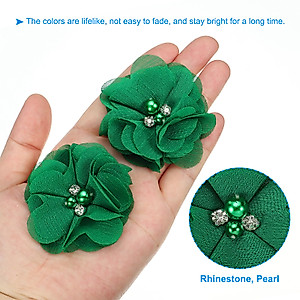PATIKIL 2" Chiffon Flowers, 30Pcs Fabric Flowers Sewing Appliques Embellishments with Rhinestone Pearl for DIY Crafts Wedding Headbands Party Decoration, Green