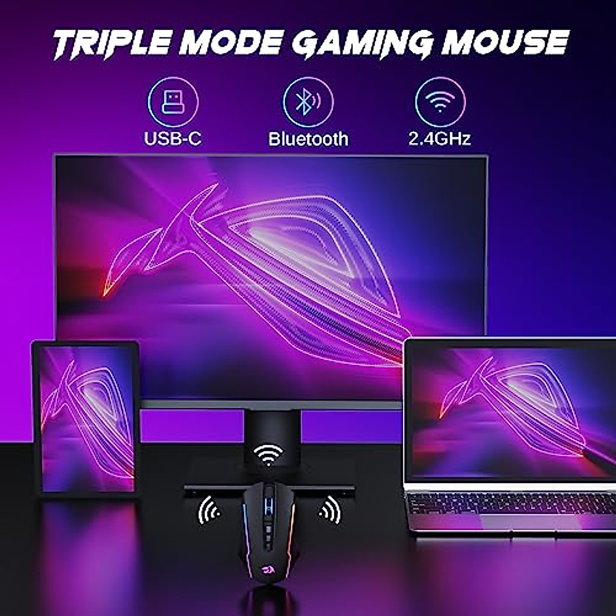 Redragon Wireless Gaming Mouse, Tri-Mode 2.4G/USB-C/Bluetooth Mouse Gaming, 10000 DPI, RGB Backlit, Fully Programmable, Rechargeable Wireless Computer Mouse for Laptop PC Mac, Black