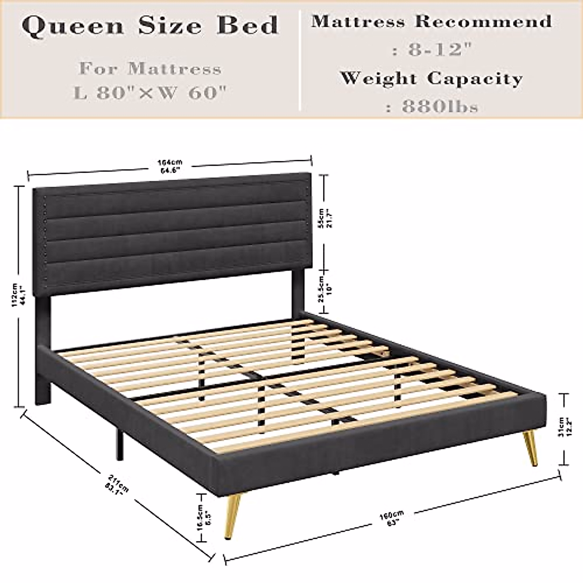 LIKIMIO Queen Bed Frame, Upholstered Platform Bed with Headboard Heavy Strong Metal/Wood Supports, Easy Assembly, Noise-Free, No Box Spring Needed, Black