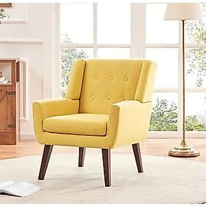 HUIMO Accent Chair, Button Tufted Upholstered Sofa Chairs, Comfy Linen Fabric Armchair for Bedroom, Reading, Mid-Century Modern Living Room Chair (Yellow)