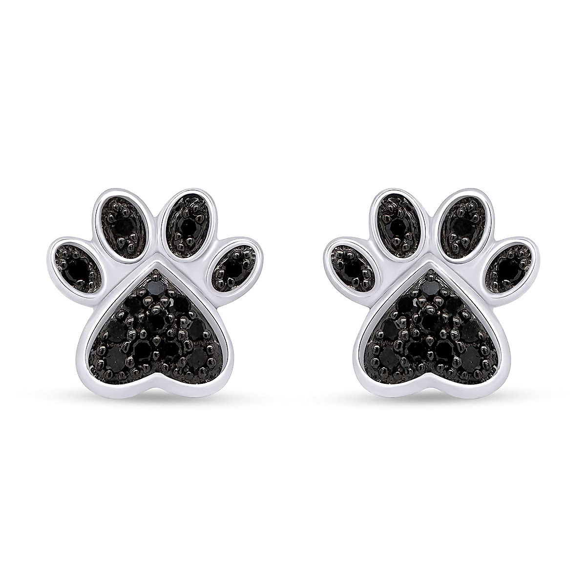 0.25 carat Black Natural Diamond Accent Paw Print Stud Earrings in 14k White Gold Over Sterling Silver