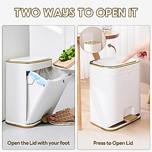 Bathroom Trash Can with Lid, 3 Gallon Gold Garbage Can, Small Trash Bin with Press top Lid and Pedal, Narrow White Trash Can Waste Basket for Bedroom, Living Room,Office,Plastic Dog Proof Trash Can
