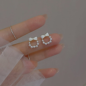 Channel V Small Pearl Earrings Cute Bow Pearl Stud Earrings Ribbon Bow Wedding Earring Jewelry Gift for Women