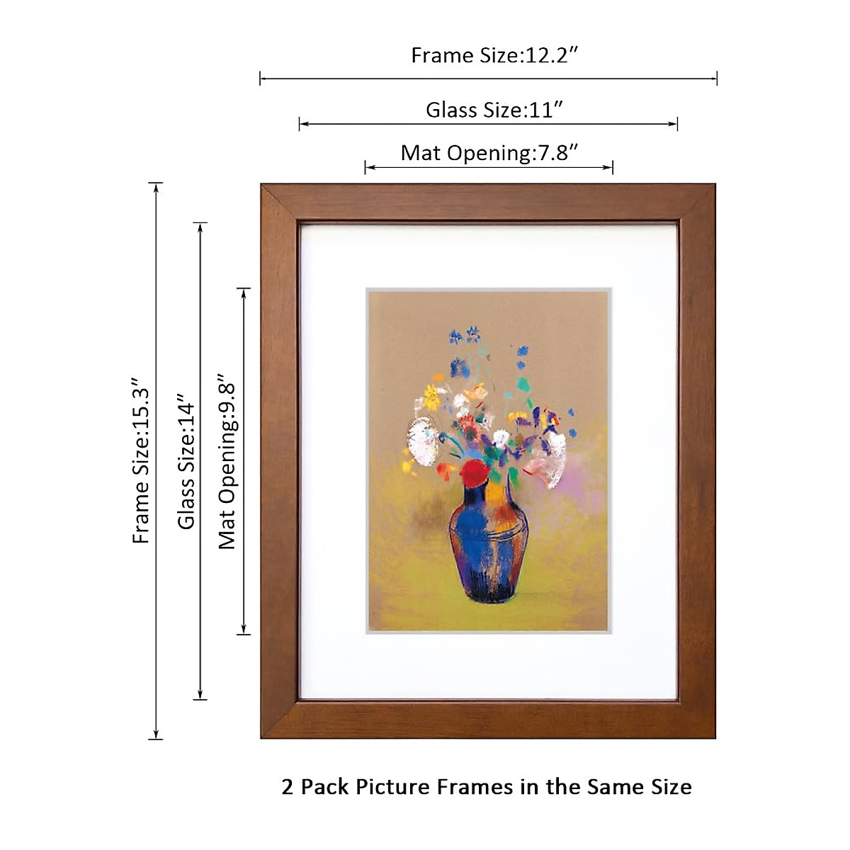 DEKWINN 11x14 Picture Frame Set of 2 Made of Solid Wood with Real Glass for Pictures 8x10 with Mat or 11x14 Without Mat, Wall Mount or Tabletop Gallery Photo Frames, Brown