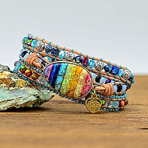 DAFARACODE Boho Stone Handmade Bracelet: Bead Natural Stone Wrap Jewelry Bohemian Style 3 Wraps Jasper Bracelet Gemstone Beads Bracelet Jewelry (Colourful Chakra Imperial Stones 3 Wraps)