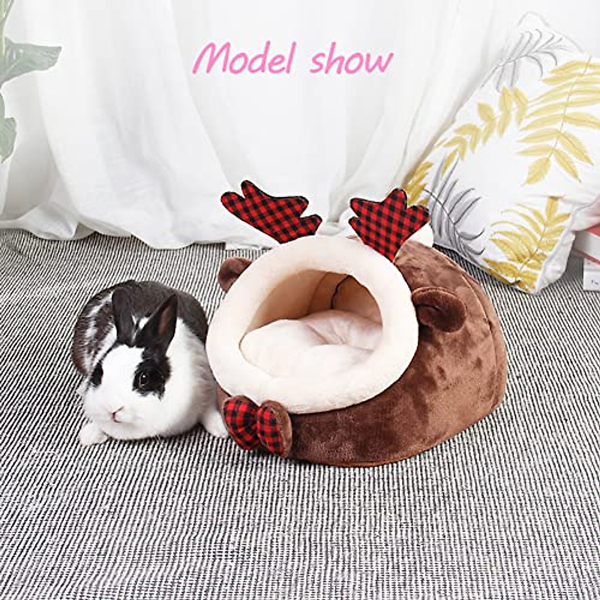 EastVita Guinea Pig Bed Pet Mini Nest Cute Animal Shape Super Soft Warm Shelter House Pet Hideout for Rabbits Hedgehog Bearded Dragon Winter Nest Hamster Cage Brown elk XL