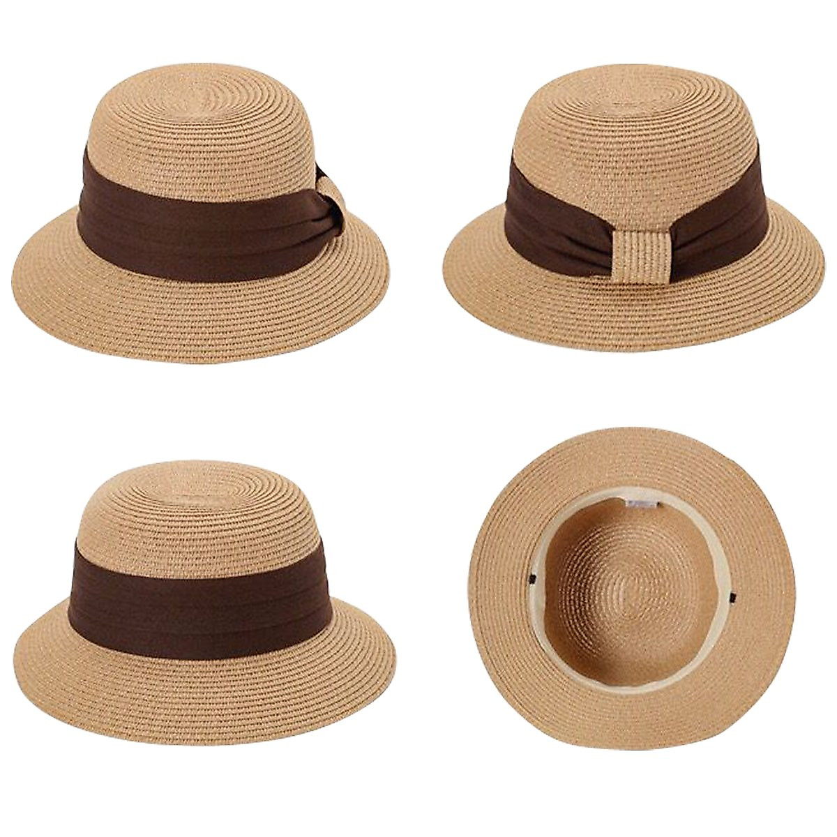 Lanzom Sun Hats for Women Wide Brim Straw Hat Summer Beach Hat Foldable Packable Cap for Travel Outdoor (A-Khaki)