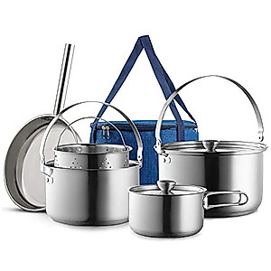 Camping Cookware Set 304 Stainless Steel 8-Piece Pots & Pans Open Fire Cooking Kit | Frying Pan Steamer with Travel Tote Bag | Compact For Outdoors & Indoors Kitchen Family Campfire Hiking RV