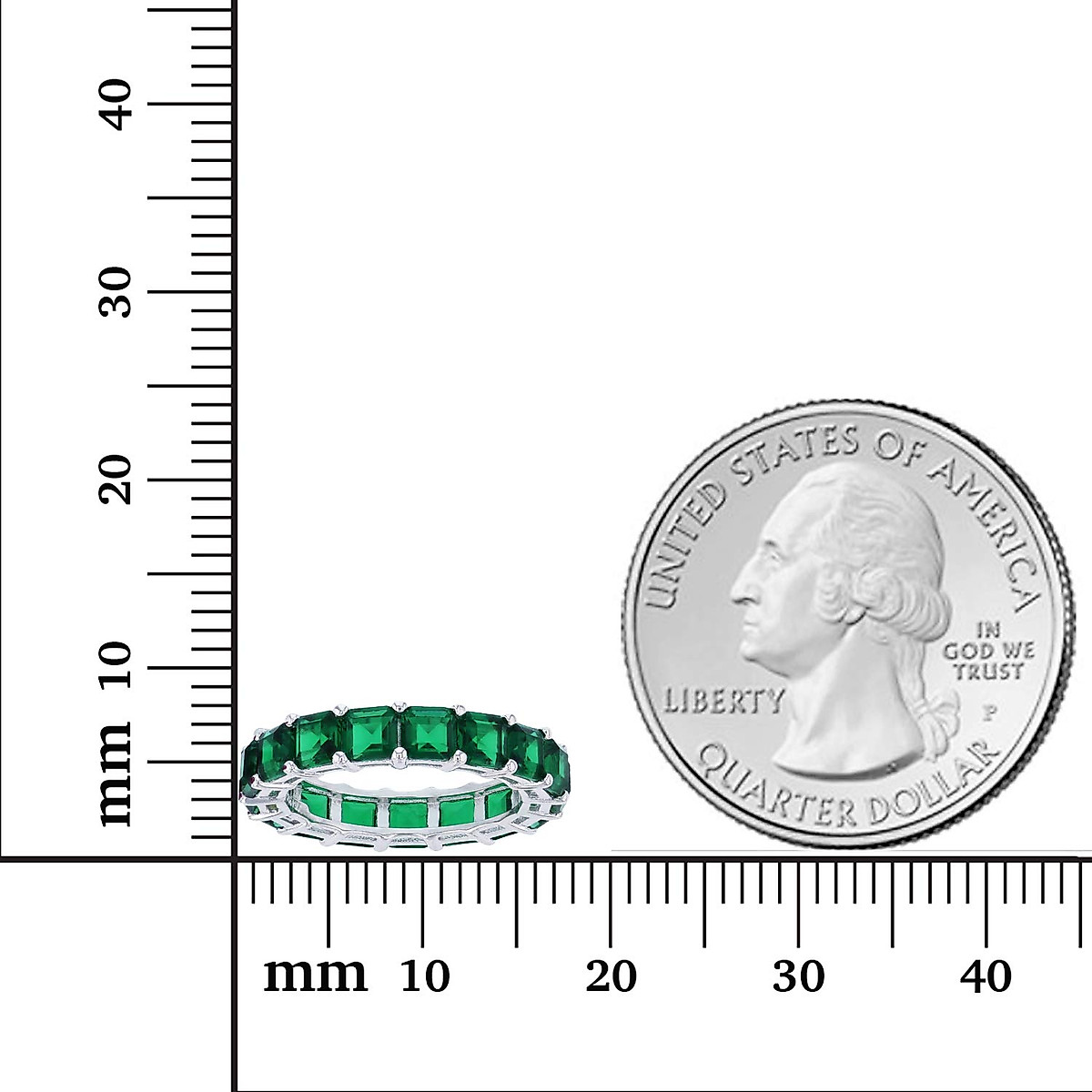 Sterling Silver Rhodium Polished 4mm Emerald Princess Cubic Zirconia Eternity Band for Women | AAA Cubic Zirconia Spinel Gemstone Engadgement Wedding Ring | Sizes 5-10