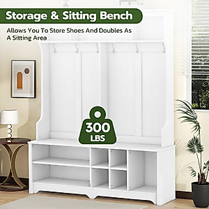 Rovibek Hall Tree with Bench and Shoe Storage Coat Rack 60in Entryway Bench Wooden Shoe Rack Storage Cabinet Shelf Entryway Furniture Home Organizer for Living Room Entryway, White