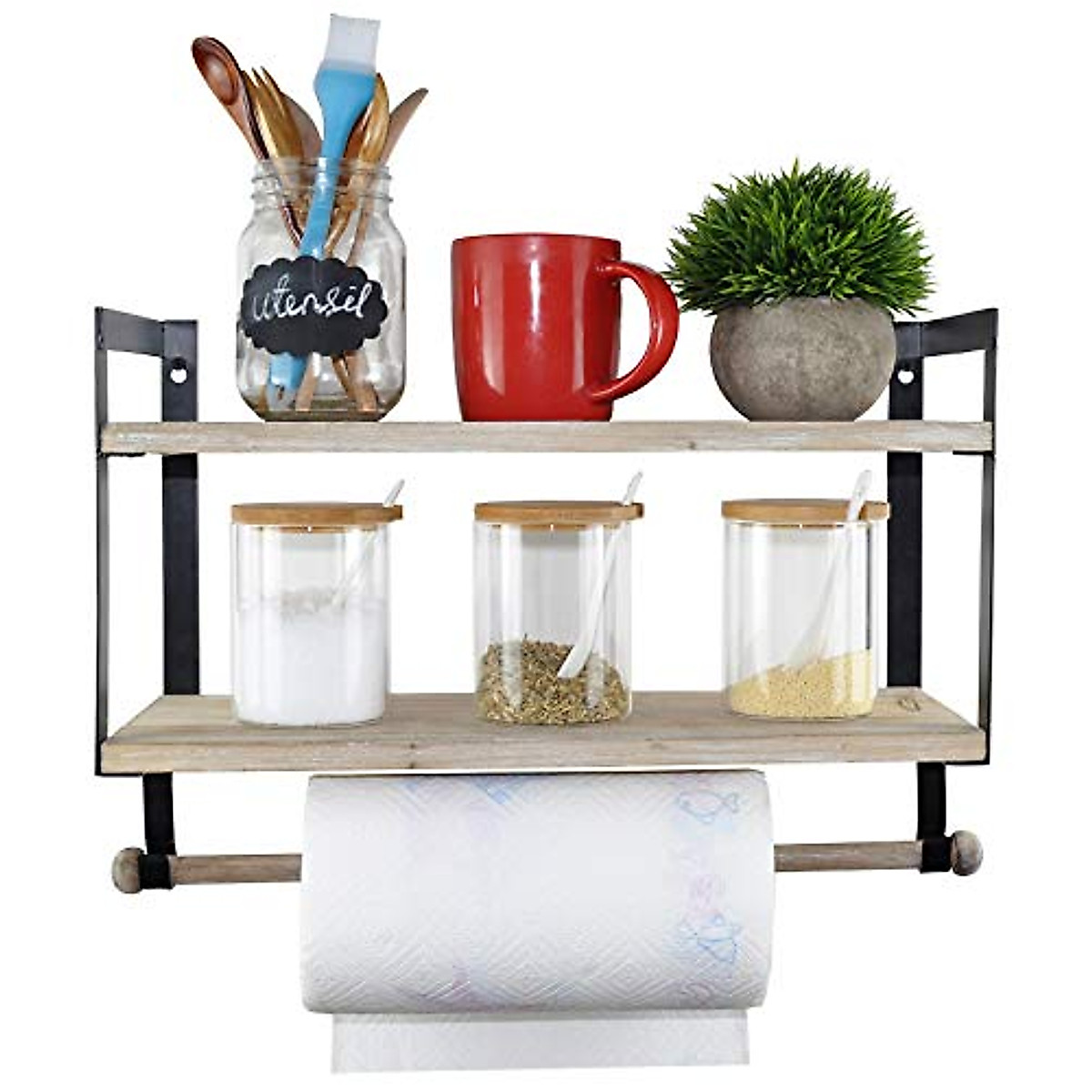 Spiretro Floating Shelves 2 Tier Wall Shelf, Spice Rack with Towel Tissue Bar, Metal Hooks Organize Mugs Utensils, Home Storage for Kitchen, Bathroom, Rustic Wood_Grey