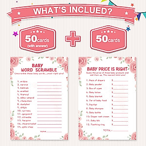 OLOUTAB Baby Shower Games for Girl-2 Games(50 of Each),Baby Shower Word Scramble Game&Price is Right,Double-Sided,Thick Cardboard,Fun,Hilarious,with Answer Keys