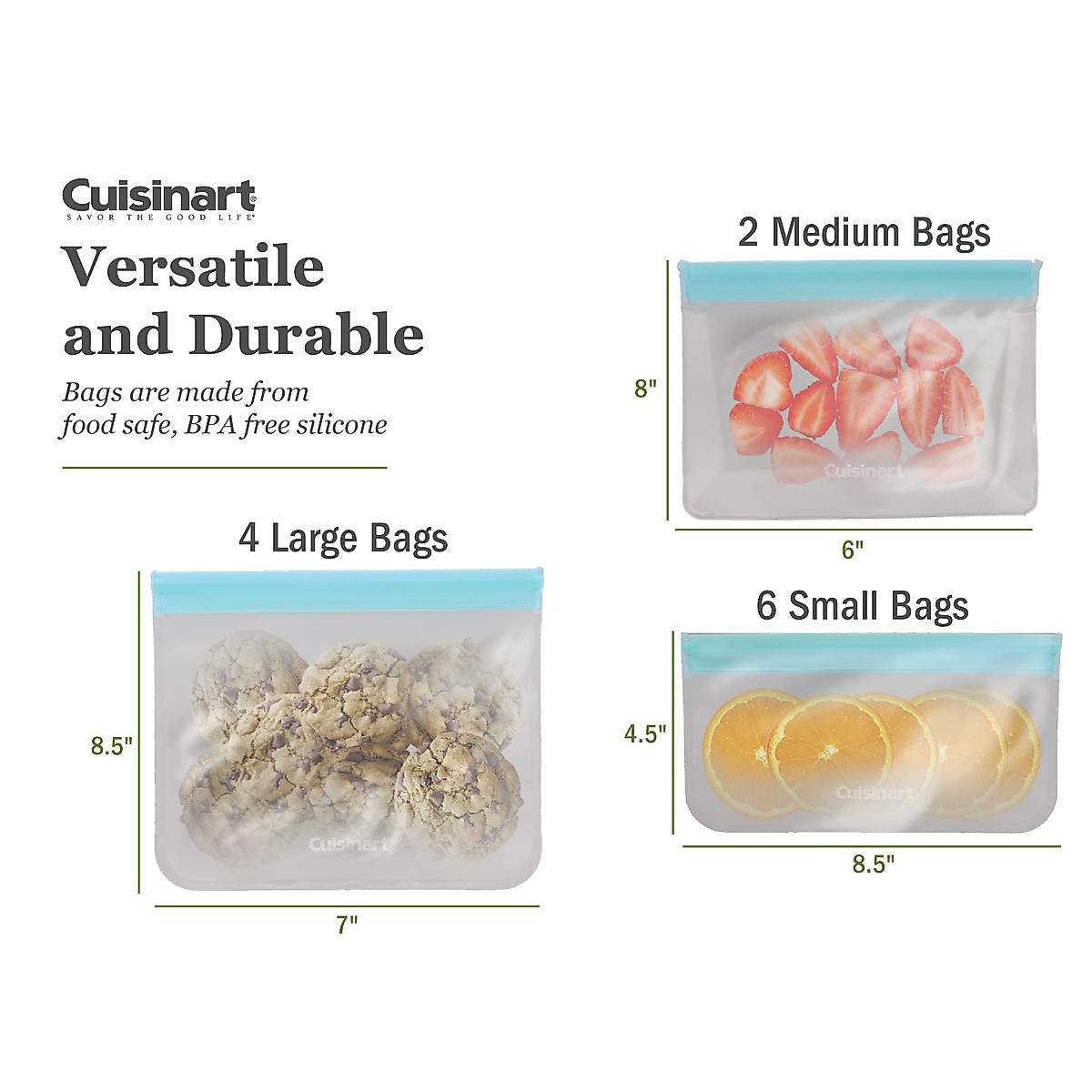 Cuisinart Reusable Food Storage Bags, 12 Pack Turquoise - Resealable Bags for Food, Leftovers, & Snacks to Store, Freeze or Refrigerate - BPA Free Flat Freezer Bags - Includes Small, Medium & Large