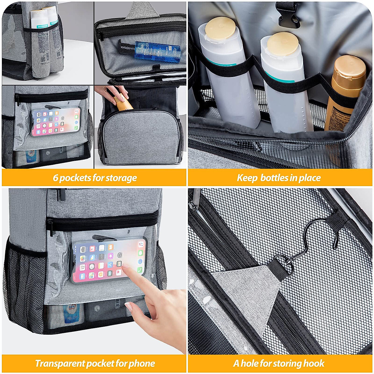 WantuSee Portable Shower Caddy, Haning Shower Organizer Tote Bag with Metal Hook for College Dorm Travel with Large Capacity, Toiletry Bag for Men, Women, College Student, Mesh Gym Shower Caddy Bag