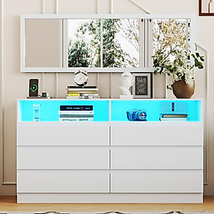 Gyfimoie Dresser for Bedroom with Full Length Mirror 48"x16", White Storage Dresser with Power Outlet, 6 Drawer Dresser with LED Light, Modern Dressers with Charging Station(White)