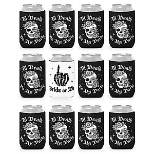 12-Pack Bride or Die Bachelorette Party Can Sleeves Till Death Beverage Sleeves Favor for Gothic Halloween Bridal Shower Party Supplies 1950s Rock and Roll Party Decorations