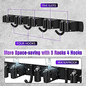NisuAM Broom and Mop Holder Wall Mount with 5 Slots 4 Hooks, Broom Hanger Self Adhesive, Black Matte Garage Rack & Tool Organizer, Home Storage Shelving for Closet Door,Cabinet,Lanudry