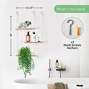 LUNKOEN Lunkeon 3 Tier Macrame Wall Hanging Shelves Boho Room Decor Handmade Cotton Rope,Wooden Hanging Storage Floating Shelves for Small Plants Books Decor,Living Bedroom Room Bedroom