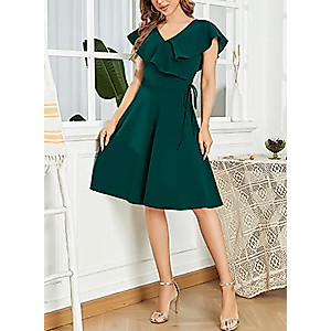 Fantaist Beach Wedding Guest Dresses for Women Casual Summer,Sleeveless Ruffle Wrap V Neck Midi Swing Cocktail Aline Party Dress (S, FT803-Dark Green)