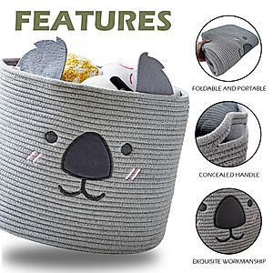 OMERAI Animal Baskets Cotton Rope Storage Basket Woven Toy Basket Large Basket for Blankets Cute Koala Basket with Handles Foldable Animal Laundry Basket Nursery Basket Organizer, 15"D x 12.6"H (Grey)